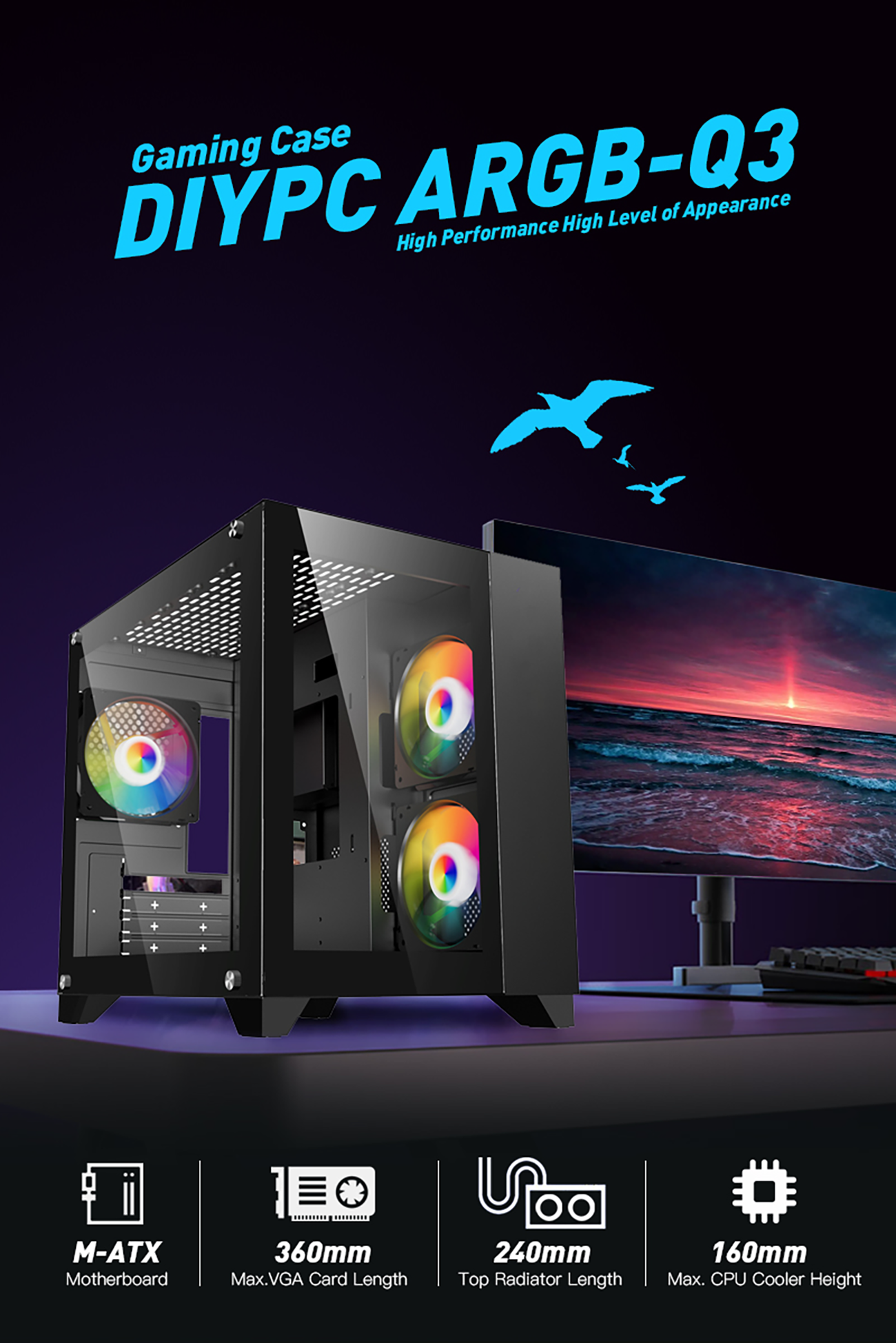 DIYPC ARGB-Q3-W White USB3.0 Tempered Glass Micro ATX Gaming Computer Case w/ Dual Tempered ...